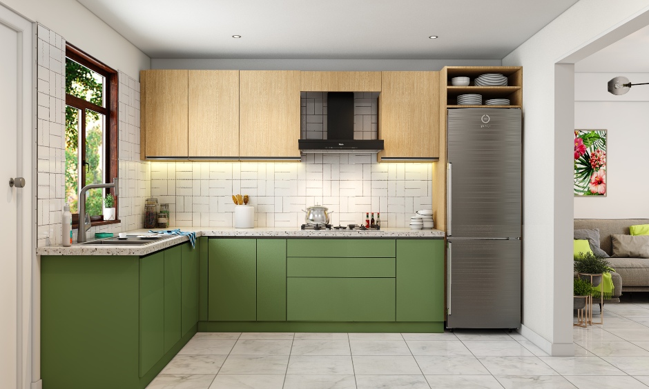 A Modern L Shaped Kitchen Design In Dual Tone - DesignCafe