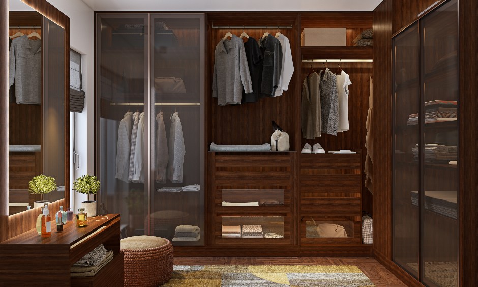 A Walk-in Wardrobe Design With A Dressing Unit - DesignCafe
