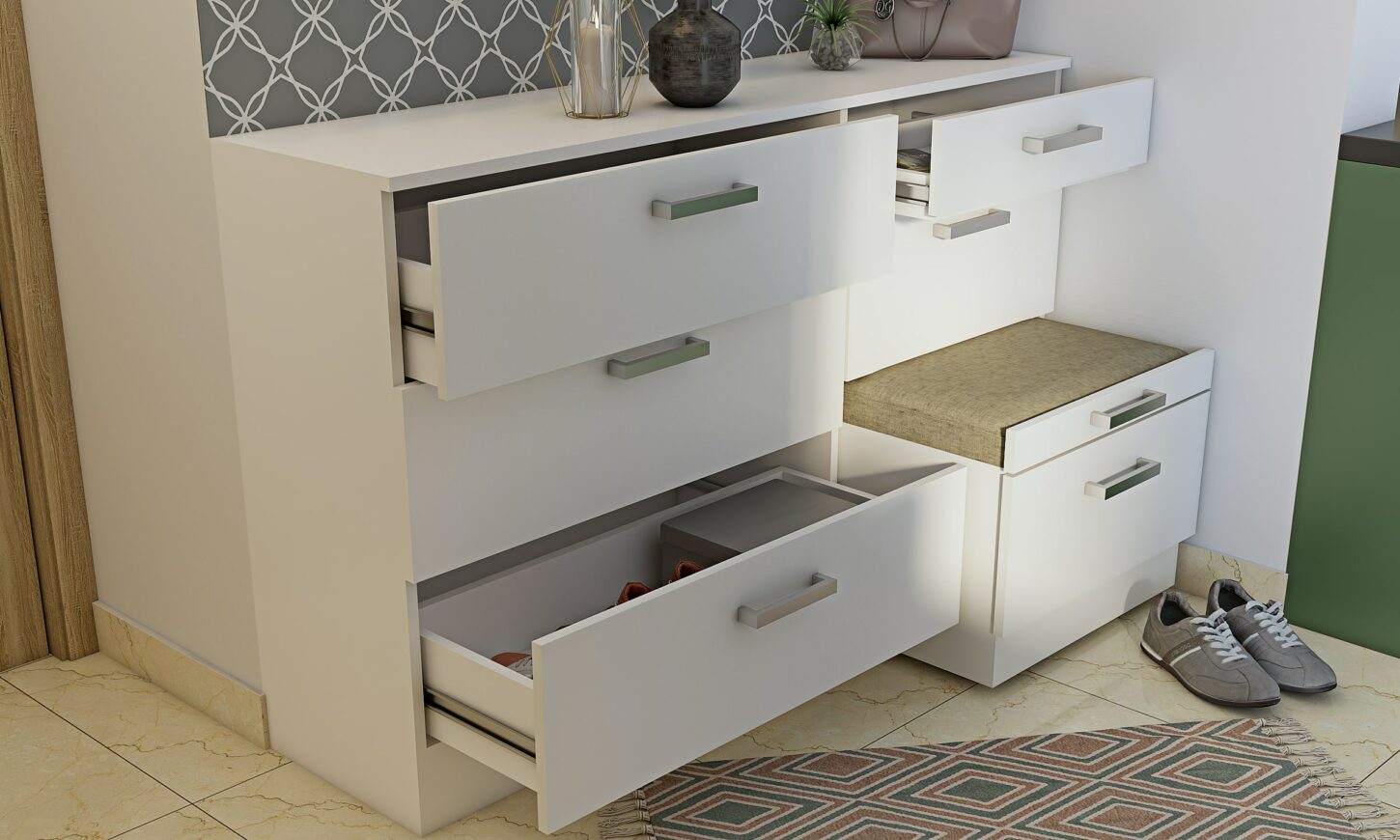 A Side Cabinet With In-Built Seating - DesignCafe