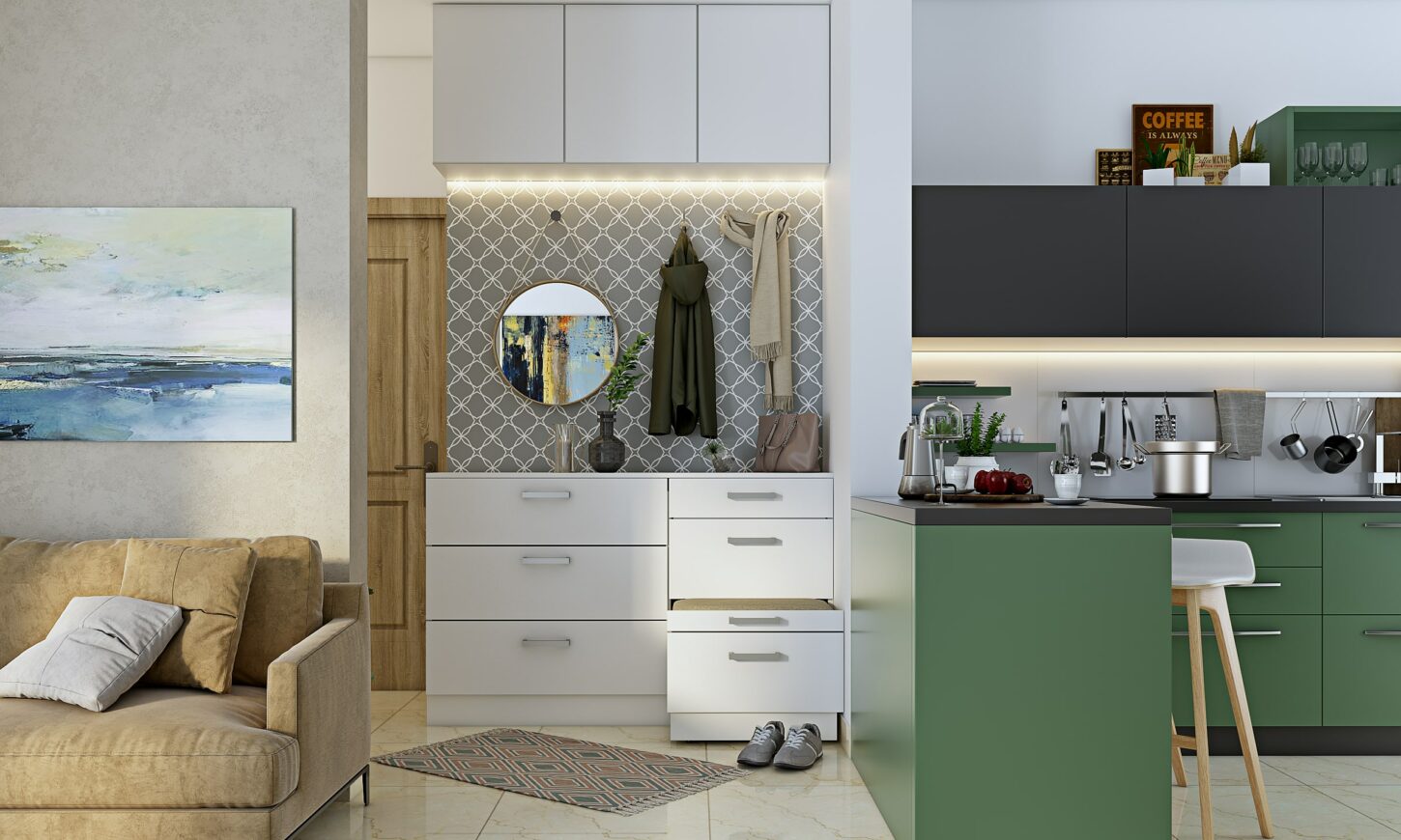 A Side Cabinet With In-Built Seating - DesignCafe