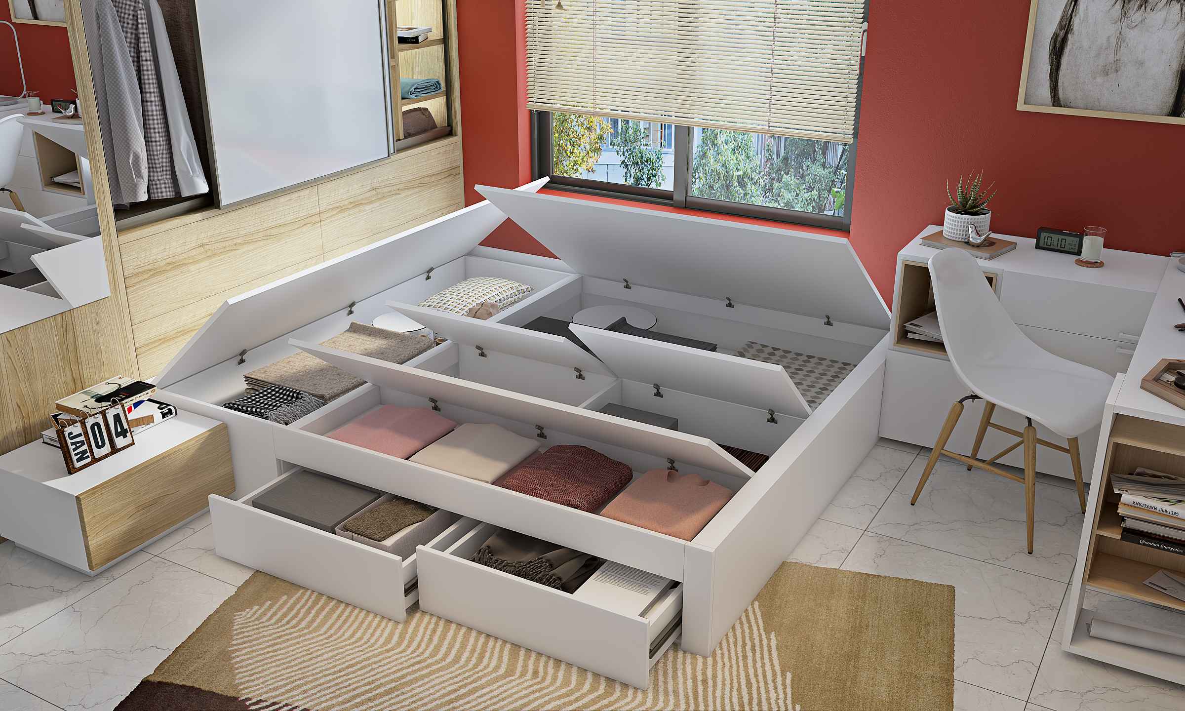 A Bedroom Designed With Smart Space Saving Furniture Design - DesignCafe