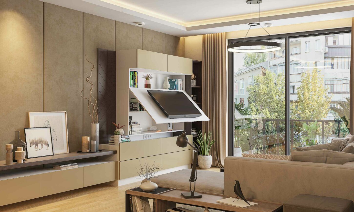 A TV Unit With A Flip Up Shutter - DesignCafe