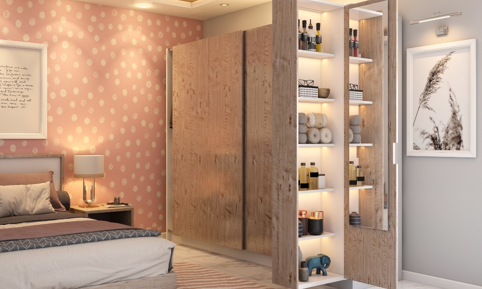A Rustic Style Wardrobe With A Mirror Pull-out And Storage - DesignCafe