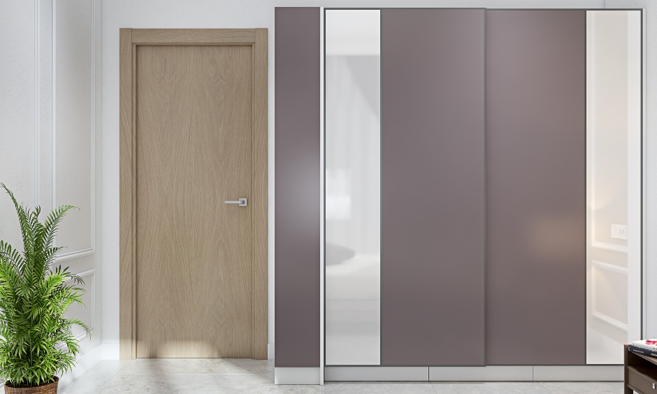 A Purple And White Wardrobe With Sliding Doors - DesignCafe