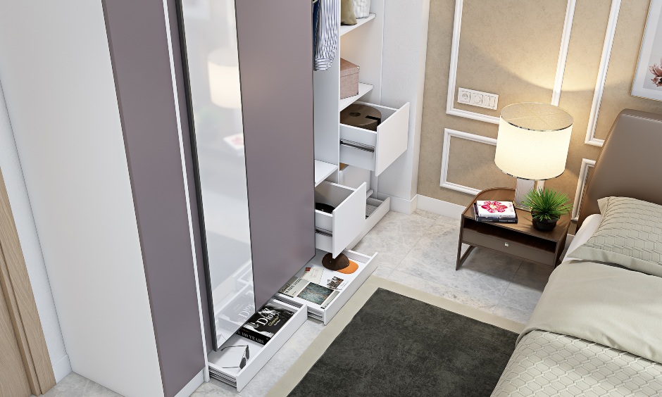 A Purple And White Wardrobe With Sliding Doors - DesignCafe