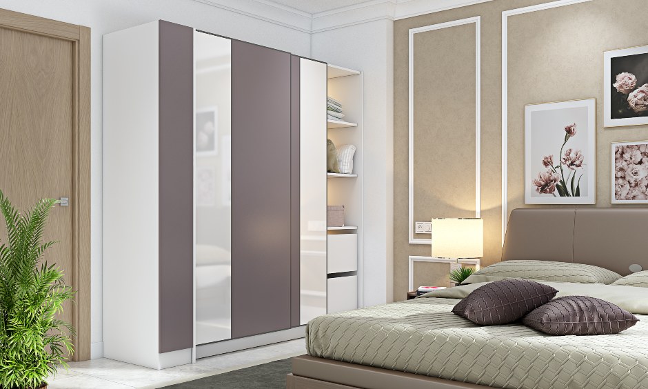 A Purple And White Wardrobe With Sliding Doors - DesignCafe