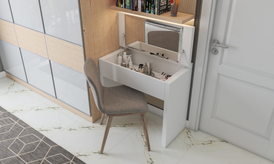 A Three-Door Wardrobe Design With An Attached Study Unit - DesignCafe