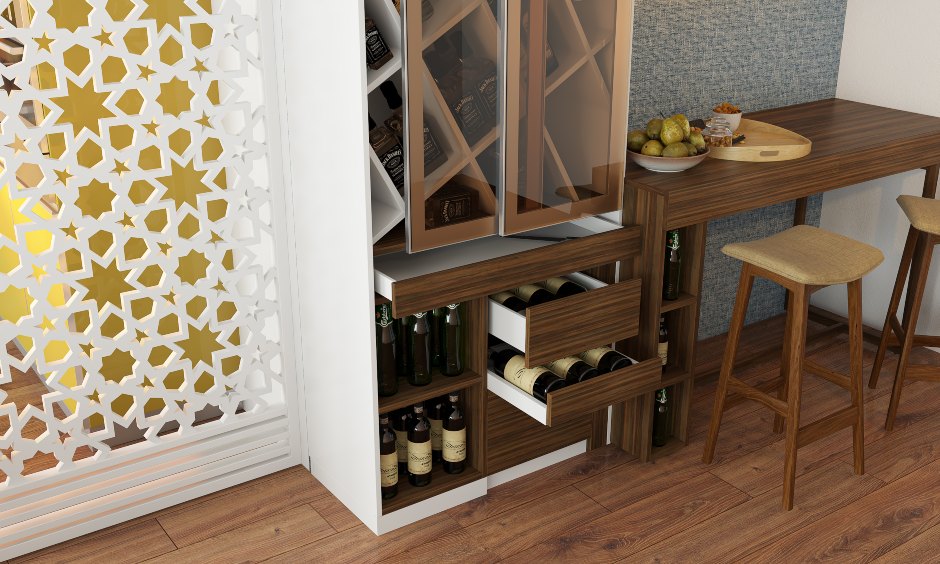 A Modern Dining Room With A Bar Unit And Jali Partition - DesignCafe