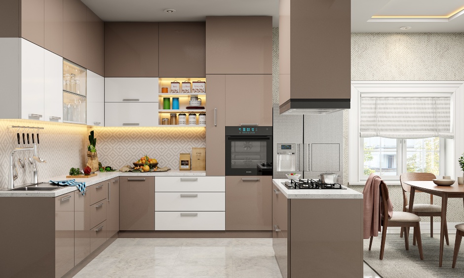 A Neutral Toned Kitchen Design In High Gloss Laminate - DesignCafe