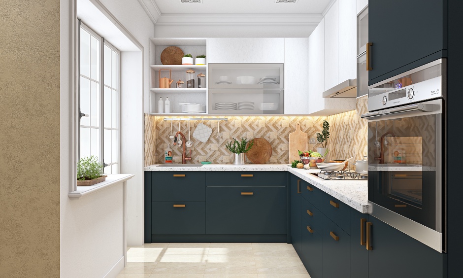 An L Shaped Kitchen WIth A Pull Out Chopping Counter - DesignCafe