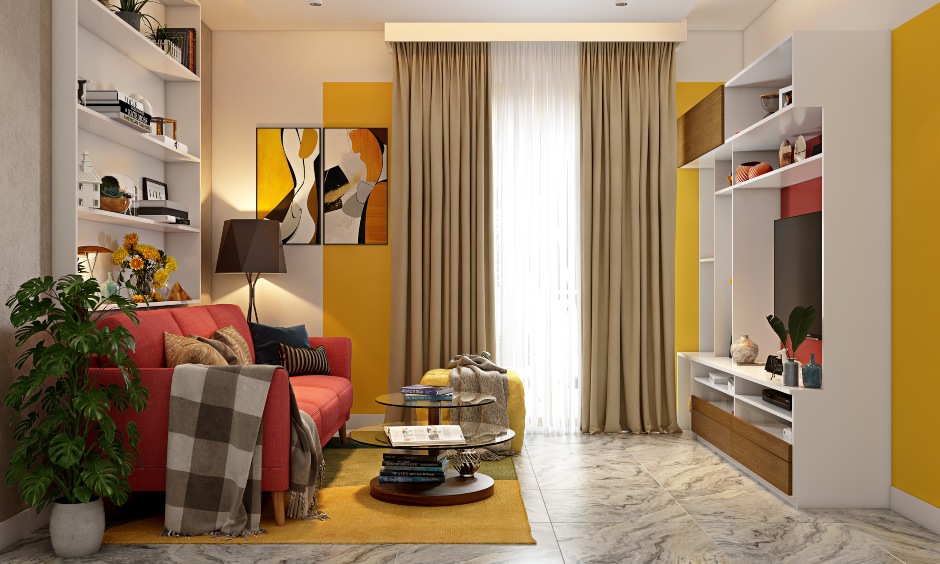 A Lively Living Room With A Modern Entertainment Unit - DesignCafe