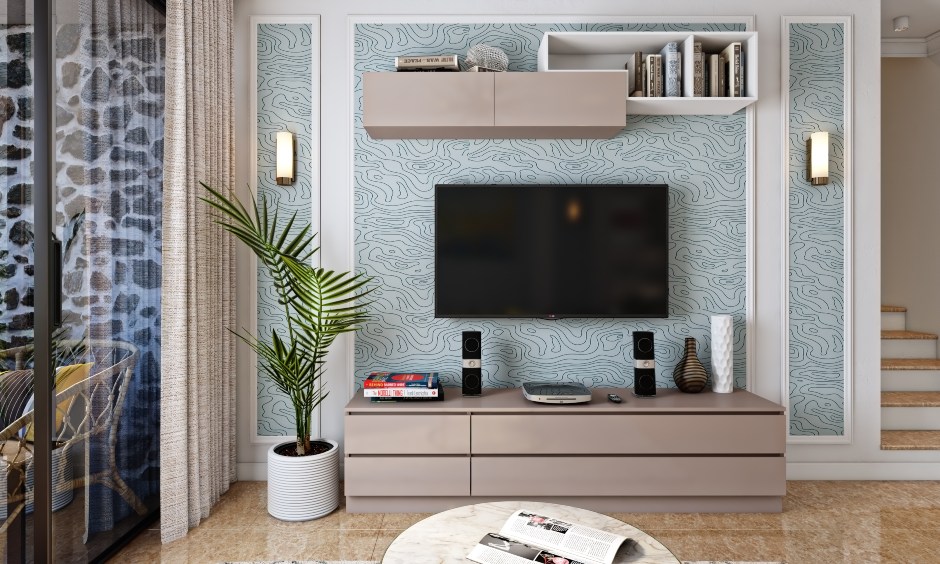 An Elegant Looking Living Room With A TV Unit In High Gloss Laminate ...