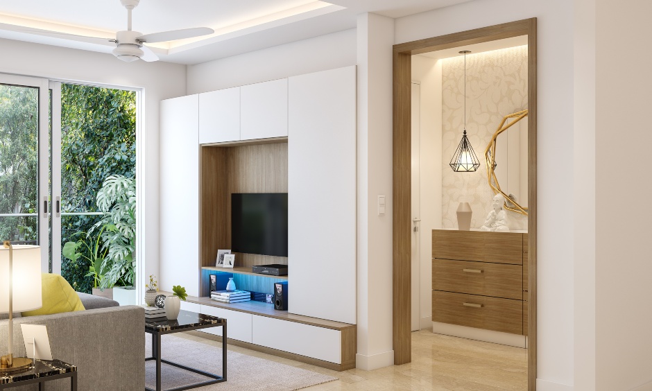 A Cool Living Room With A Stylish TV Unit - DesignCafe