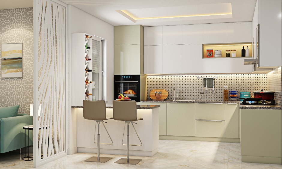 A Flawless Kitchen Design With A Breakfast Counter - DesignCafe