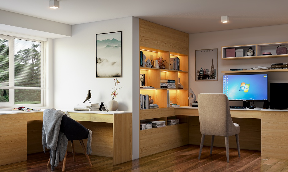 A Dual Home Office Design With A Bookshelf - DesignCafe
