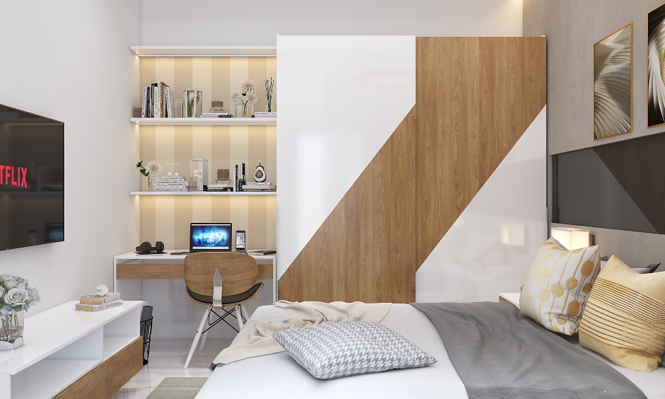 A Luxury Bedroom With A Wall-Mounted Study Unit - DesignCafe