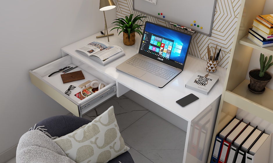 A Classy Bedroom With A Study Unit And A Statement Chandelier - DesignCafe