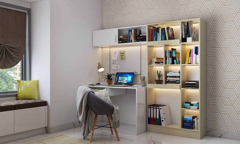 A Classy Bedroom With A Study Unit And A Statement Chandelier - DesignCafe