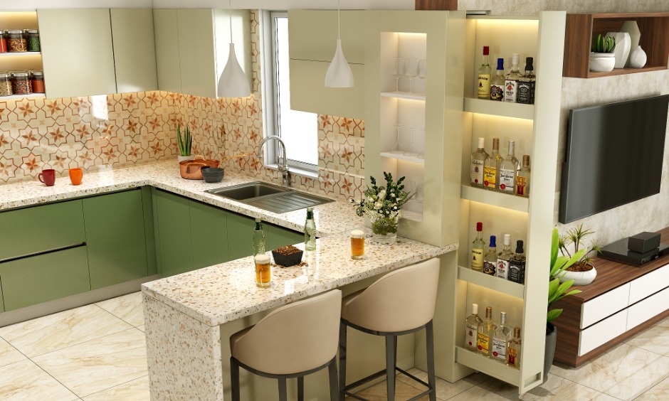 A Modern Kitchen With Breakfast Counter And Bar Pull-Out - DesignCafe