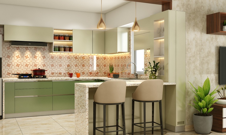 A Modern Kitchen With Breakfast Counter And Bar Pull-Out - DesignCafe