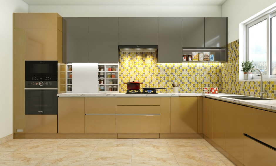 A Modular Kitchen Designed With A Janitor Unit - DesignCafe