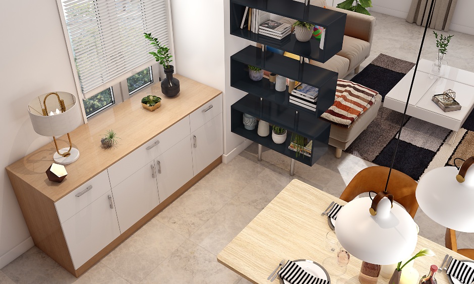 A Modern Living Room With Intelligent Storage Solutions - DesignCafe