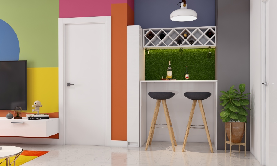A Compact Living Room With A Stylish Bar Unit - DesignCafe