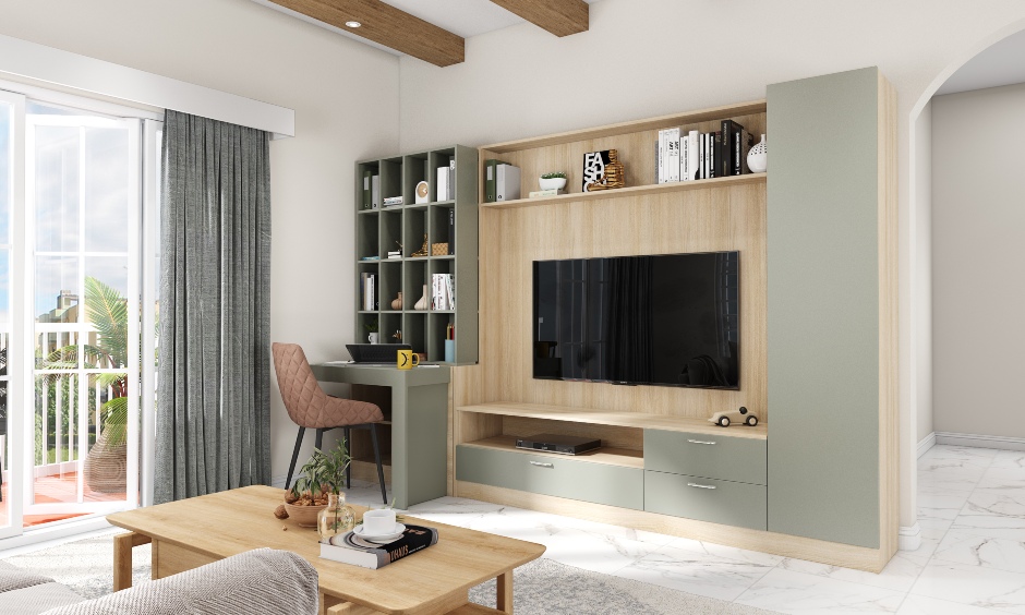 A Modular TV Unit With A Bookshelf-Cum-Study-Unit - DesignCafe