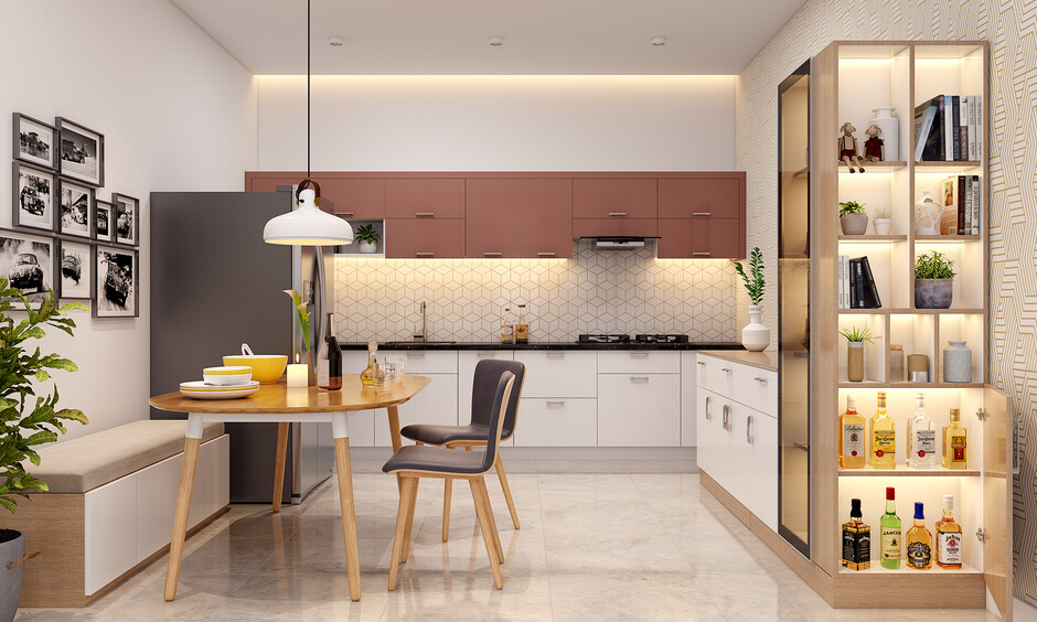 A Smart Kitchen With Dining Room - DesignCafe