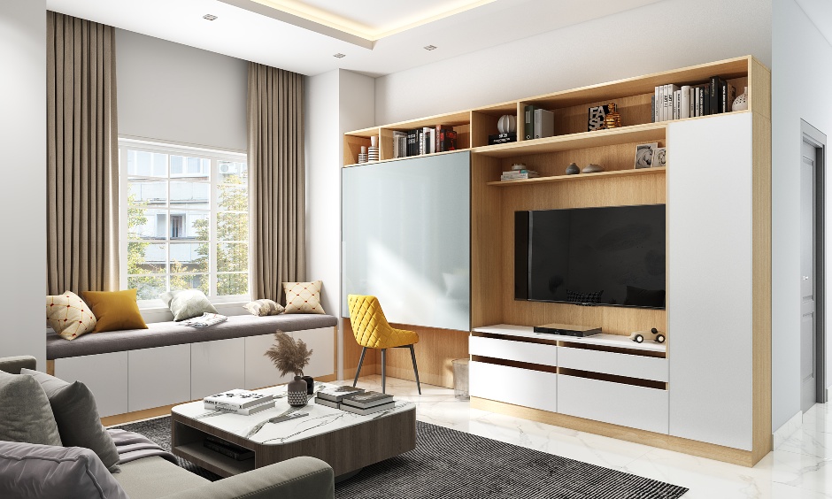 A Modular Living Room With A Multi-functional TV Unit - DesignCafe